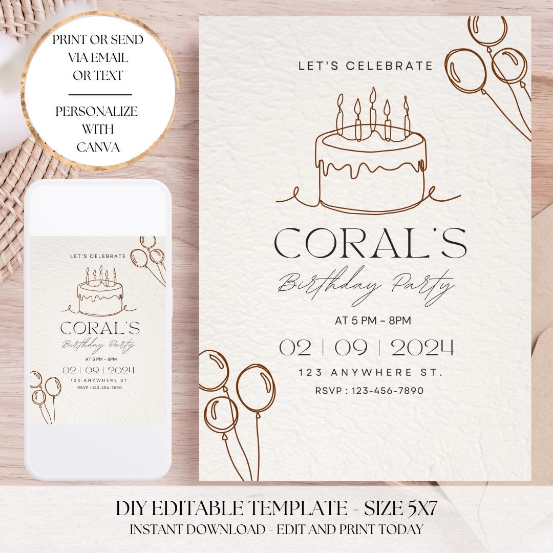 Modern Beige Birthday Party Invite Template, Editable Birthday Invite ...