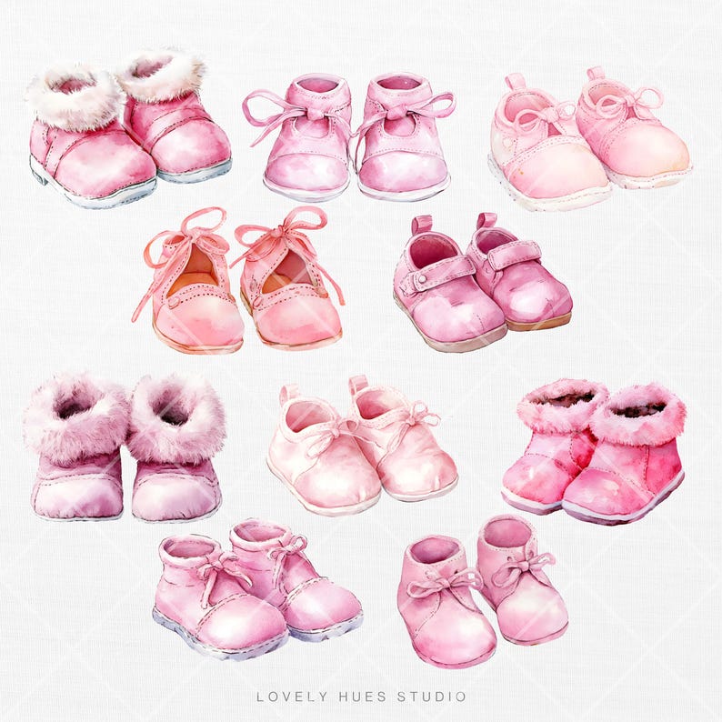 Pink Baby Booties Clipart, Watercolor Baby Shower Graphics, Baby Girl ...