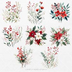 Christmas Florals Clipart Pack, Watercolor Graphics, Festive Holiday ...