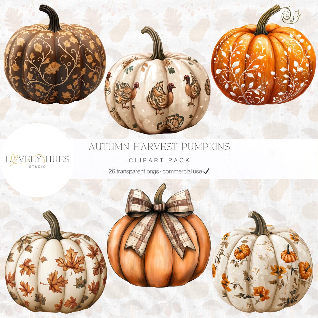 Autumn Harvest Clipart Pack, Fall & Thanksgiving Pumpkin Graphics, PNG ...
