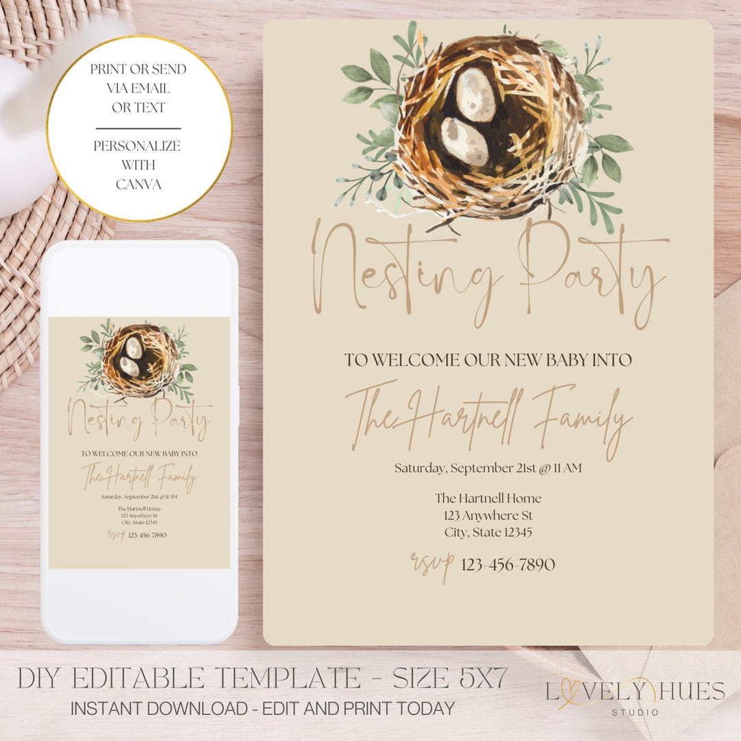 Nesting Party Invite Template, Gender Neutral Baby Shower Invite Card ...