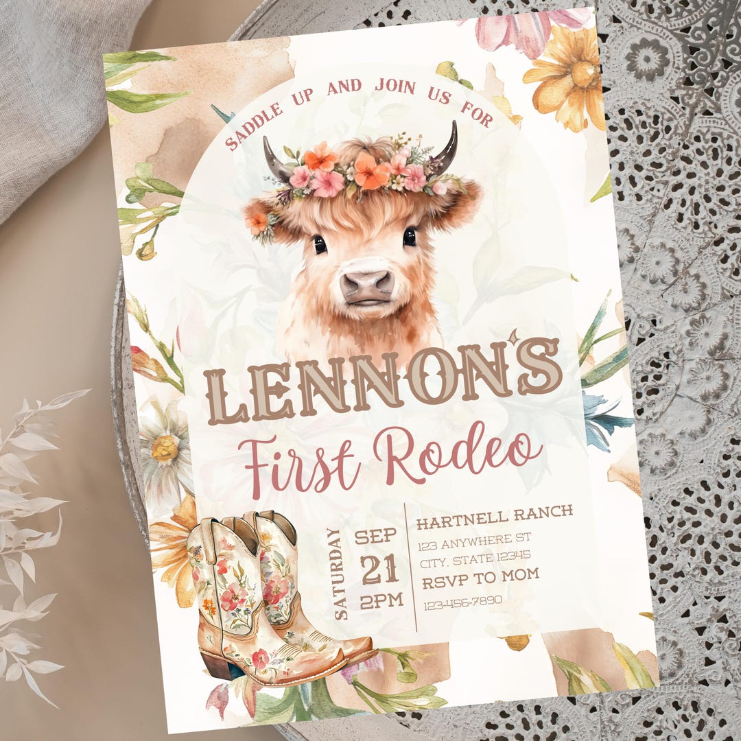 First Rodeo Girl Birthday Floral Western Cowgirl Invitation Highland ...