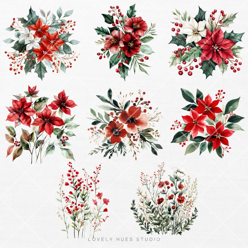 Christmas Florals Clipart Pack, Watercolor Graphics, Festive Holiday ...
