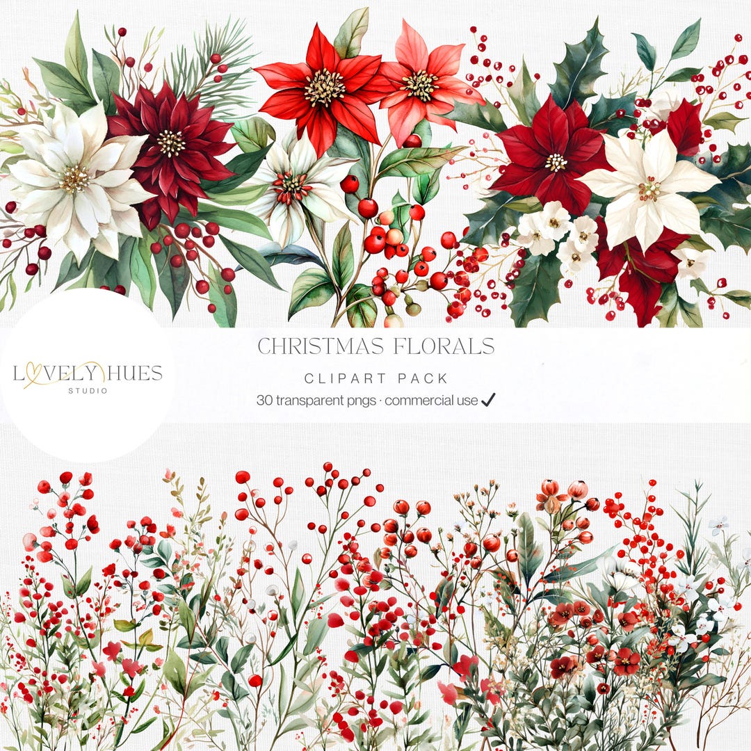Christmas Florals Clipart Pack, Watercolor Graphics, Festive Holiday ...