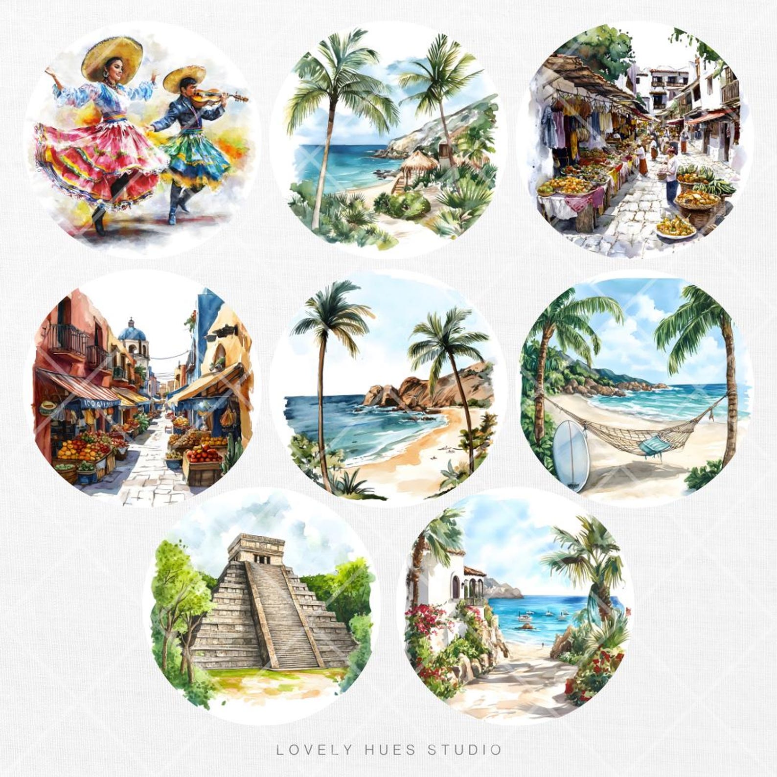 Let's Go to Mexico Clipart Pack, Watercolor Summer Graphics, Travel ...