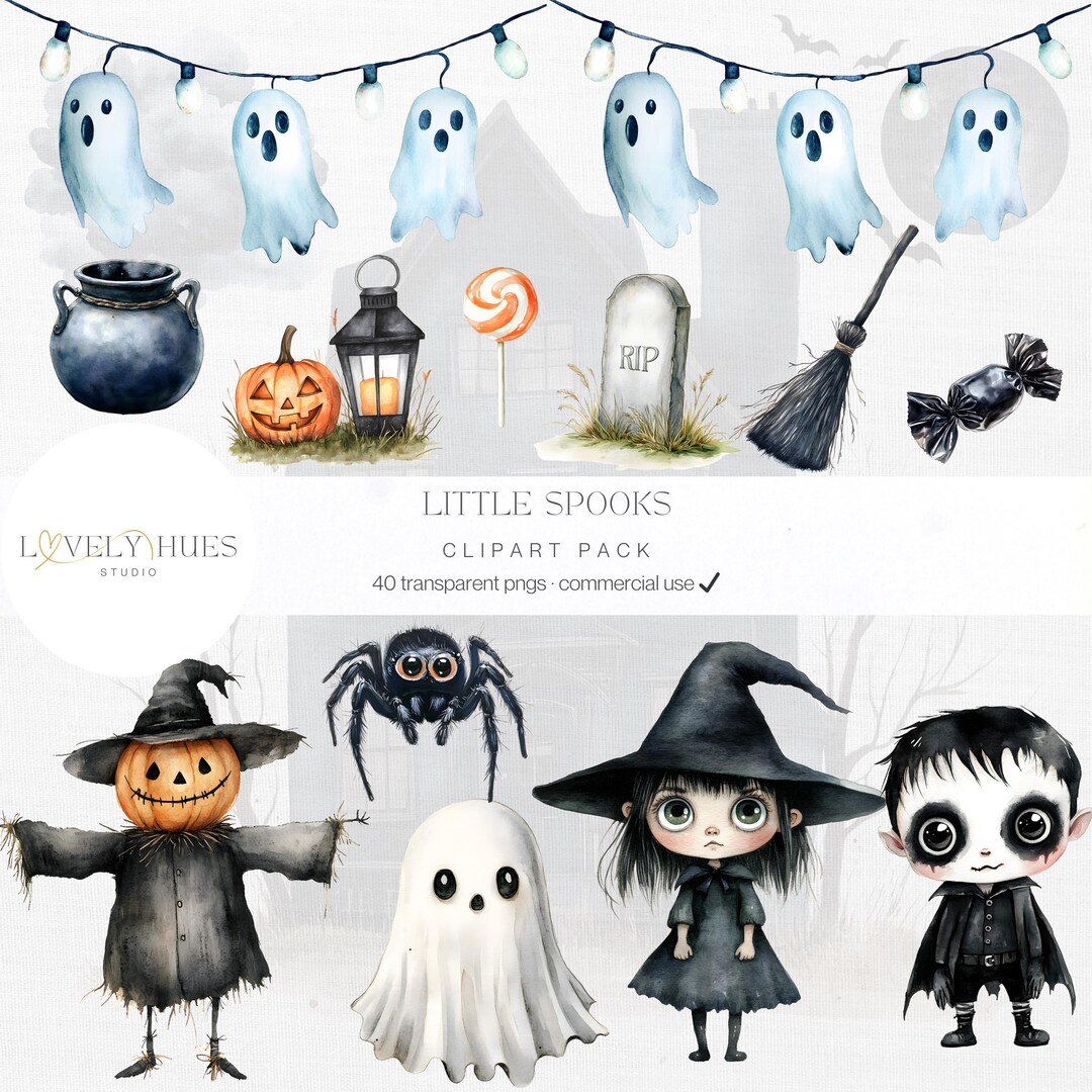 Little Spooks Clipart Pack, Gothic Halloween Graphics, Cute Spooky ...