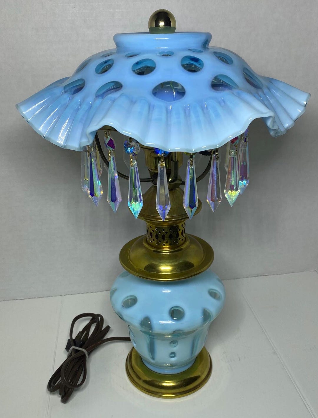Fenton Blue Opalescent Coin Dot Lamp Build With Color Changing Prisms ...
