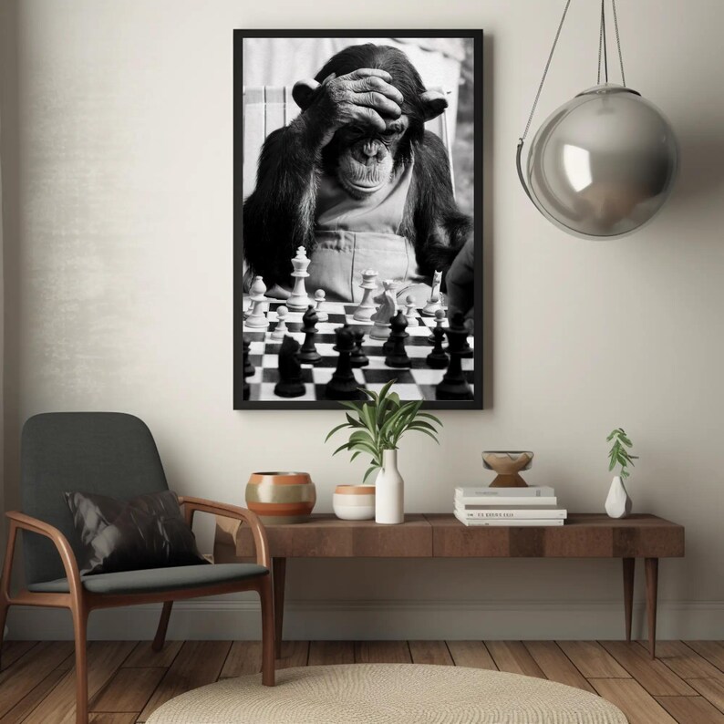 Chimpanzee Monkey Playing Chess Poster Print, Funny Timeless Vintage ...