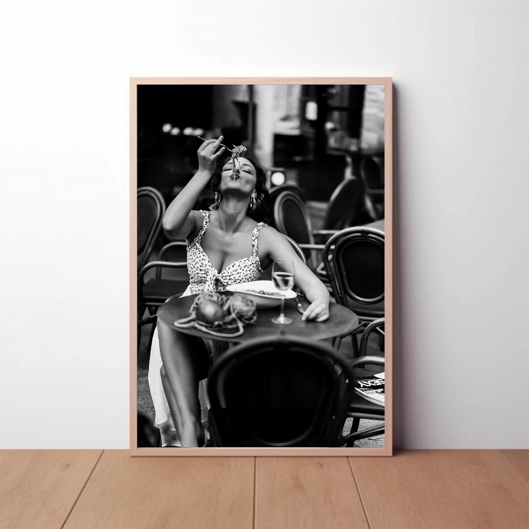 Woman Eating Spaghetti Pasta Poster, Black and White Wall Art Vintage ...