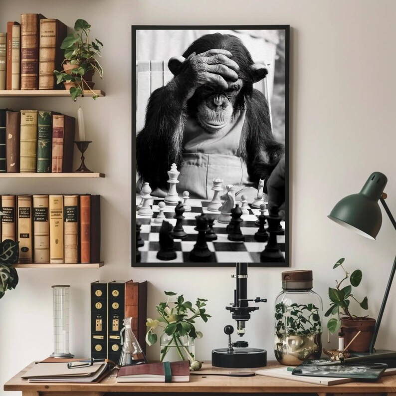 Chimpanzee Monkey Playing Chess Poster Print, Funny Timeless Vintage ...