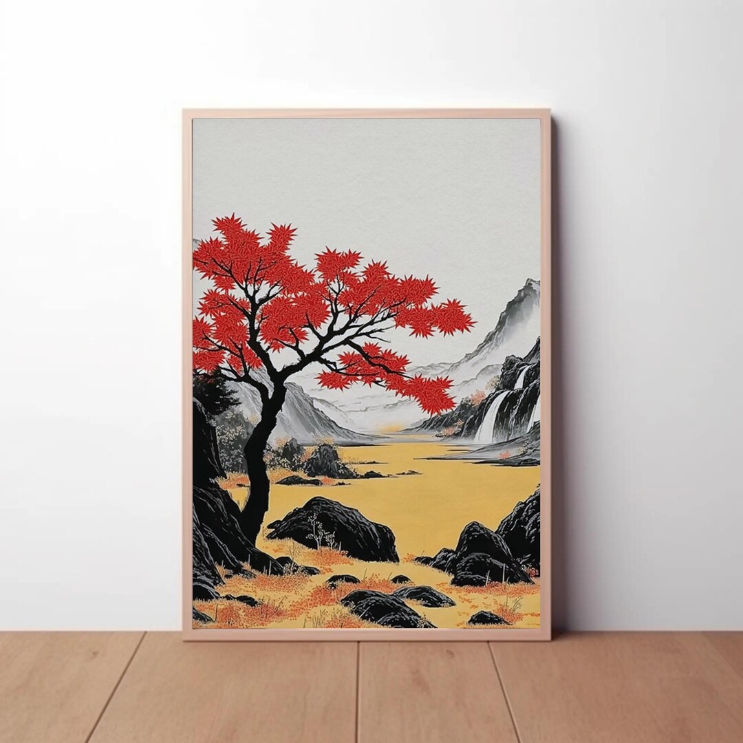 Hokusai Ukiyo-e Japanese Red Tree Mountain Wall Art Landscape Poster ...