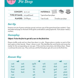 Pit Stop Phonics Game – Short Vowel Word Families (-at, -it, -ot ...