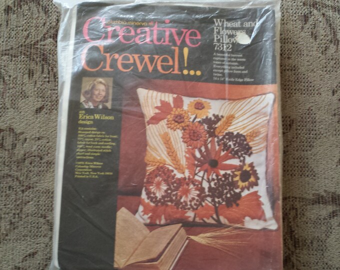 Erica Wilson Crewel Embroidery Kit Wheat and Flowers Pillow Vintage Kit ...