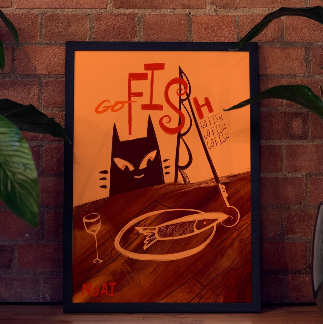 Hand-drawn Go Fish Cat Print - Abstract Seasonal Fall Decor (digital ...