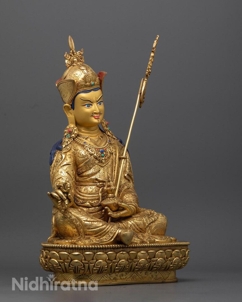 Hand-carved Guru Rinpoche Statue: 24k Gold Gilded Copper, Semi-precious ...