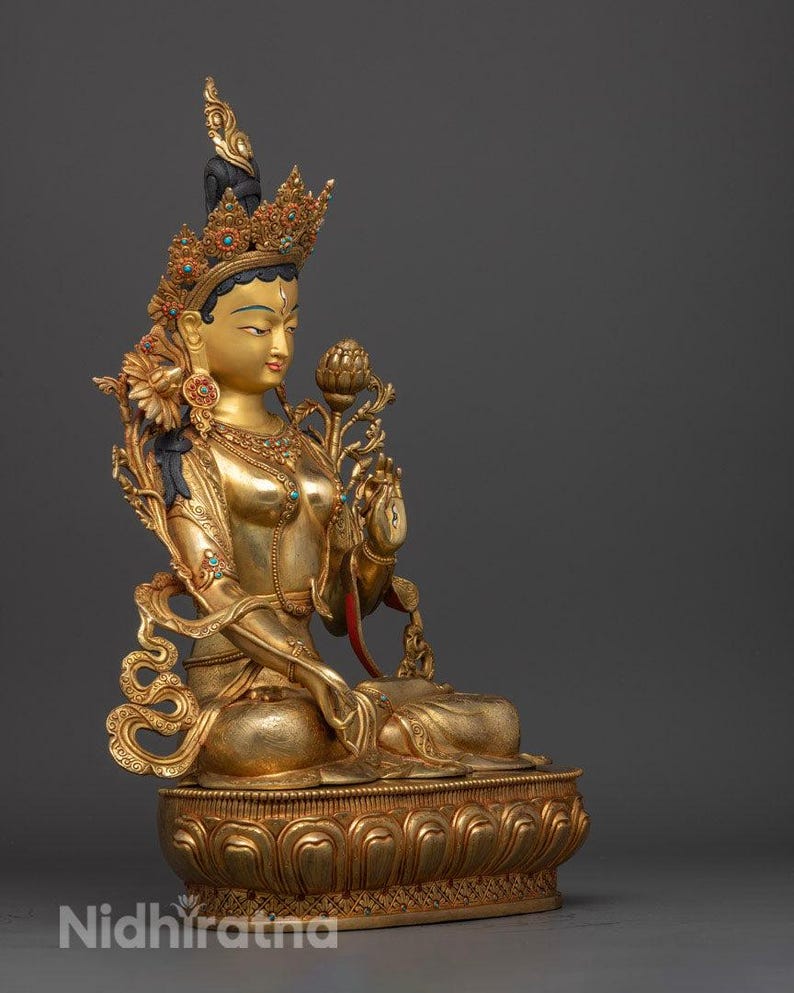 White Tara Buddha Statue Gold Coated Copper Semi Precious Stones
