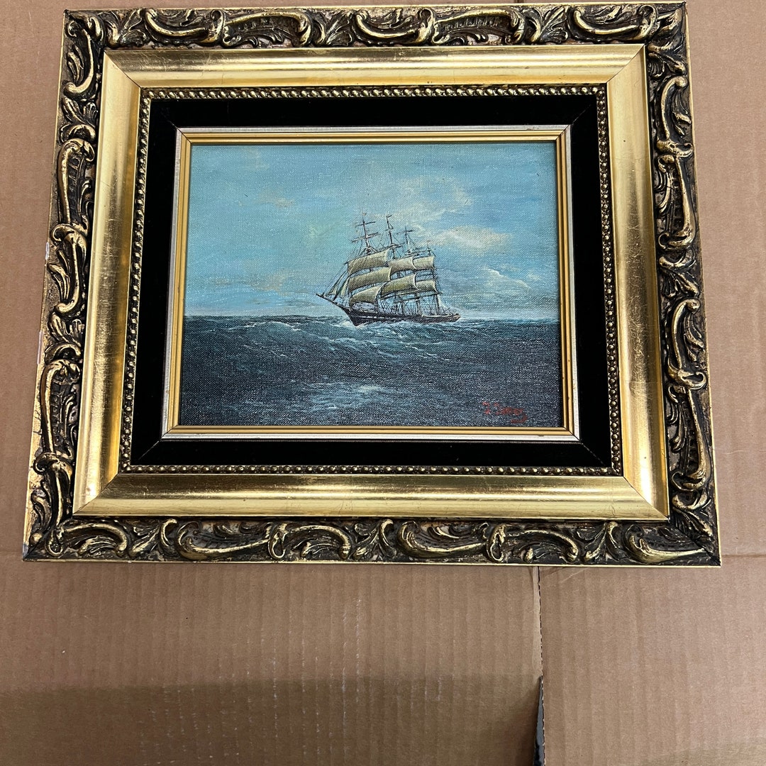 Signed J. James, Oil Painting, Ship on the Water, Framed Wood ...