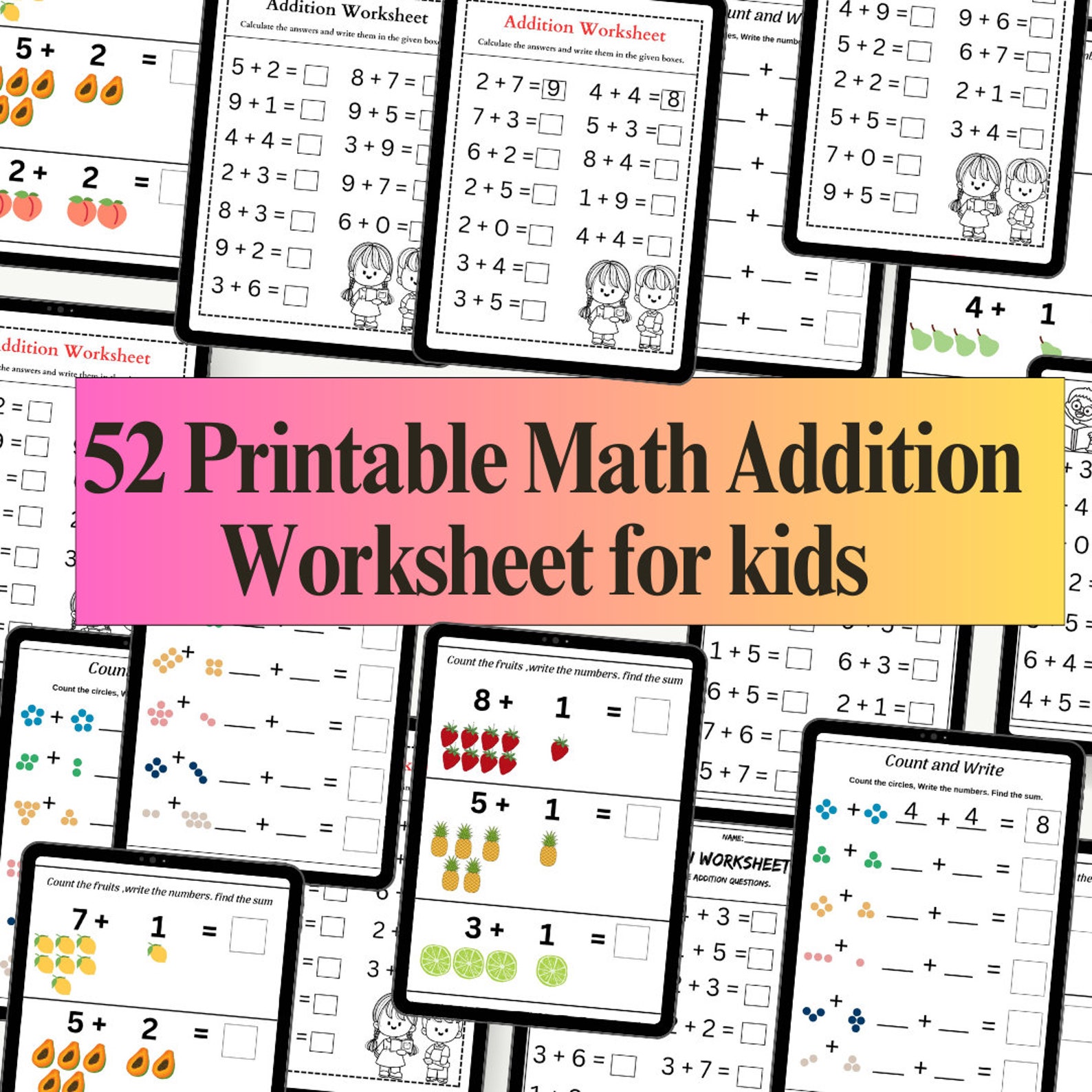 52 Printable Addition Math Worksheet for Kids - Etsy