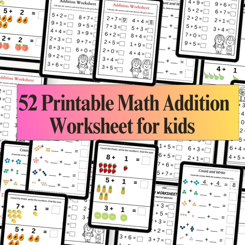 52 Printable Addition Math Worksheet for Kids - Etsy