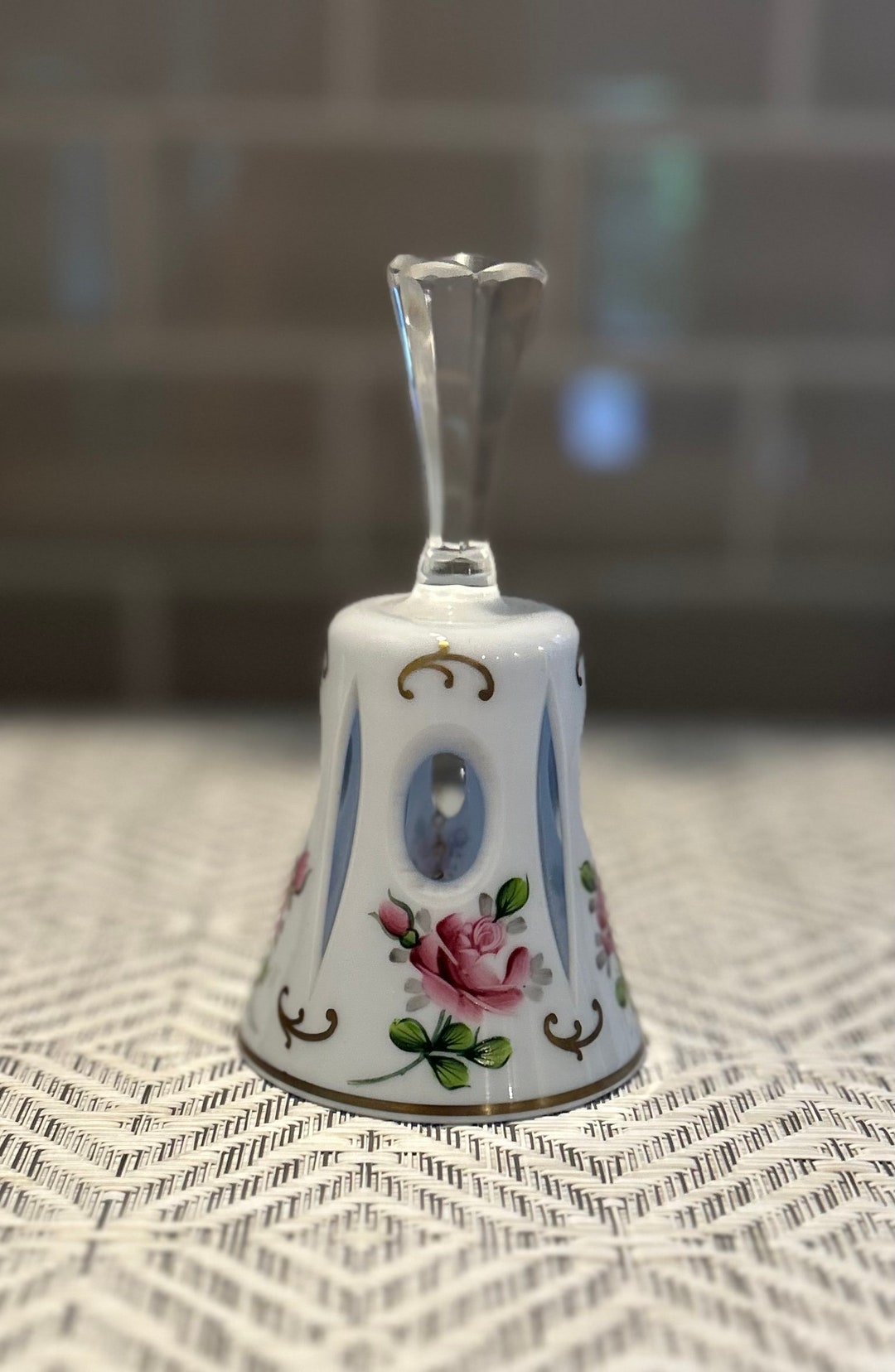 Moser Bohemian Czech White Hand Painted Cut to Blue Vintage Glass Bell ...