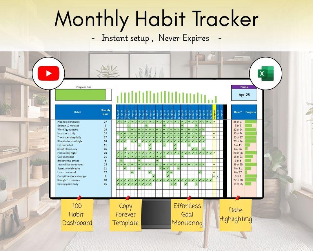 Simple & Easy Habit Tracker Template | Date-auto Highlight, Bar Charts ...