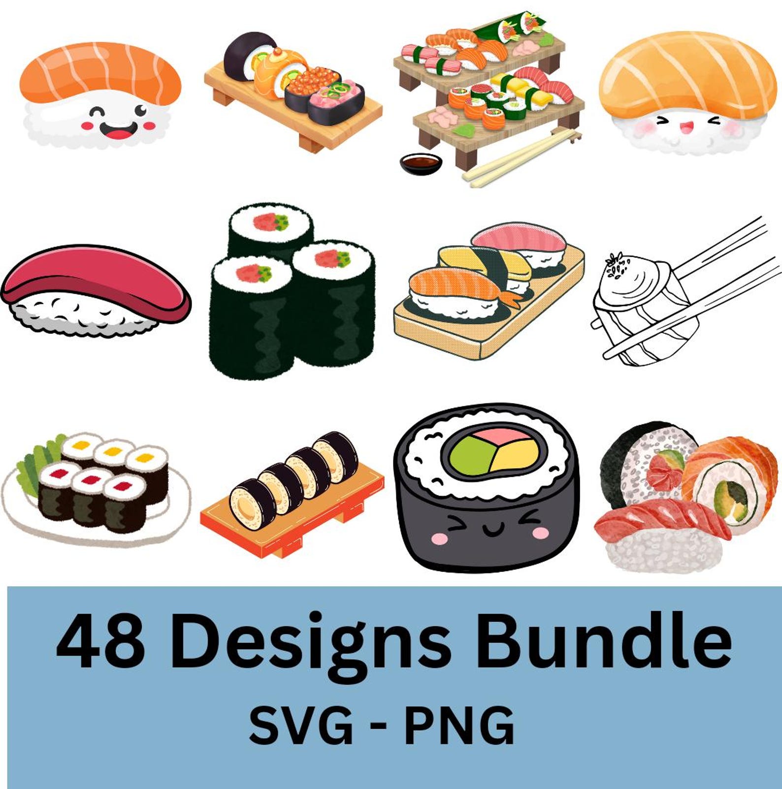 Sushi Clipart Bundle, Kawaii Sushi SVG Bundle, Cute Japanese Food PNG ...