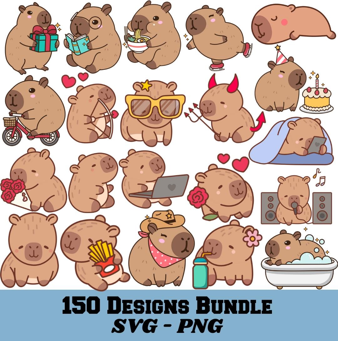 Cute Capybara PNG, Capybara SVG Bundle, Funny Capybara Clipart Bundle ...