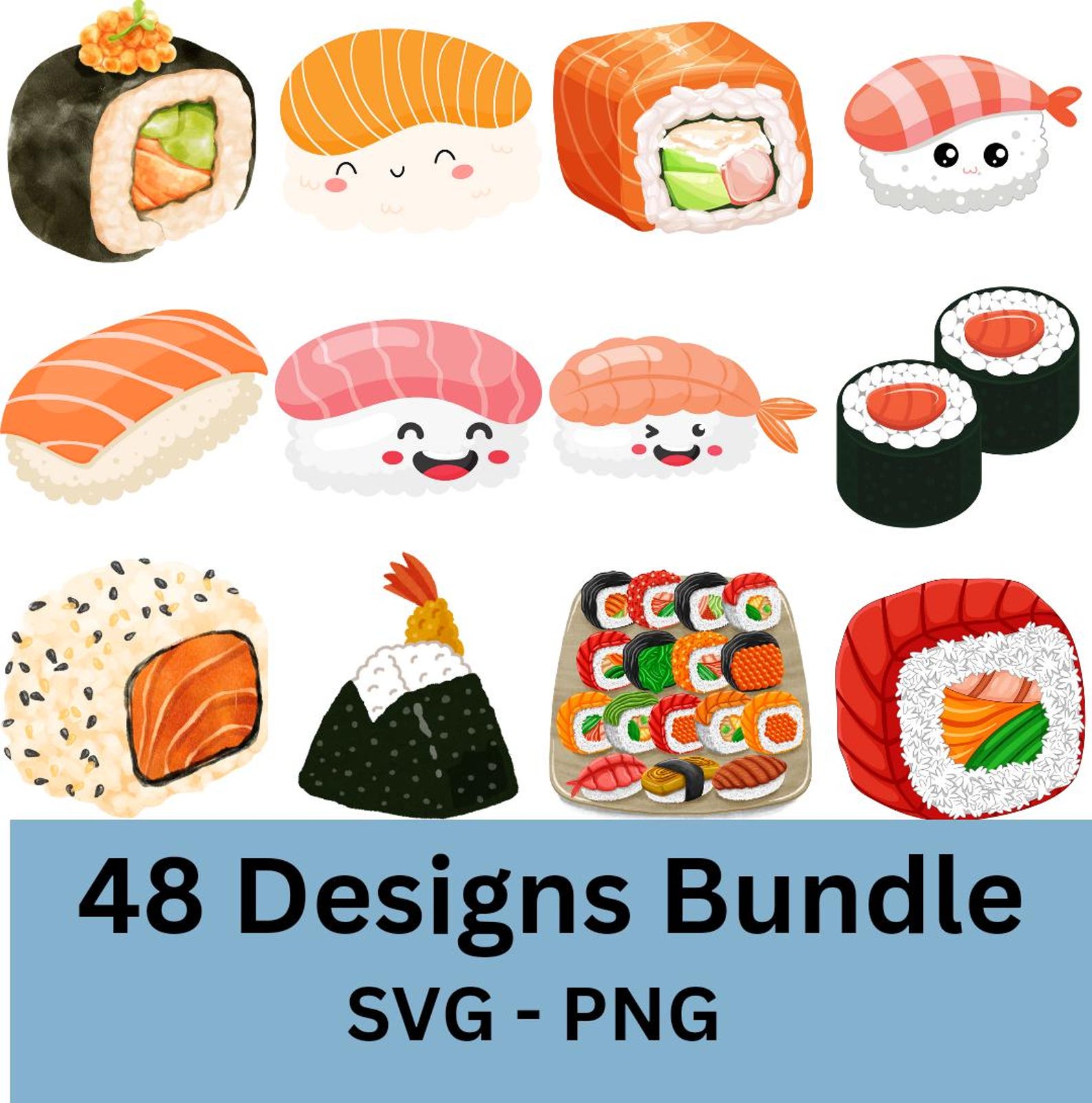 Sushi Clipart Bundle, Kawaii Sushi SVG Bundle, Cute Japanese Food PNG, Sushi Roll Images, Sushi ...
