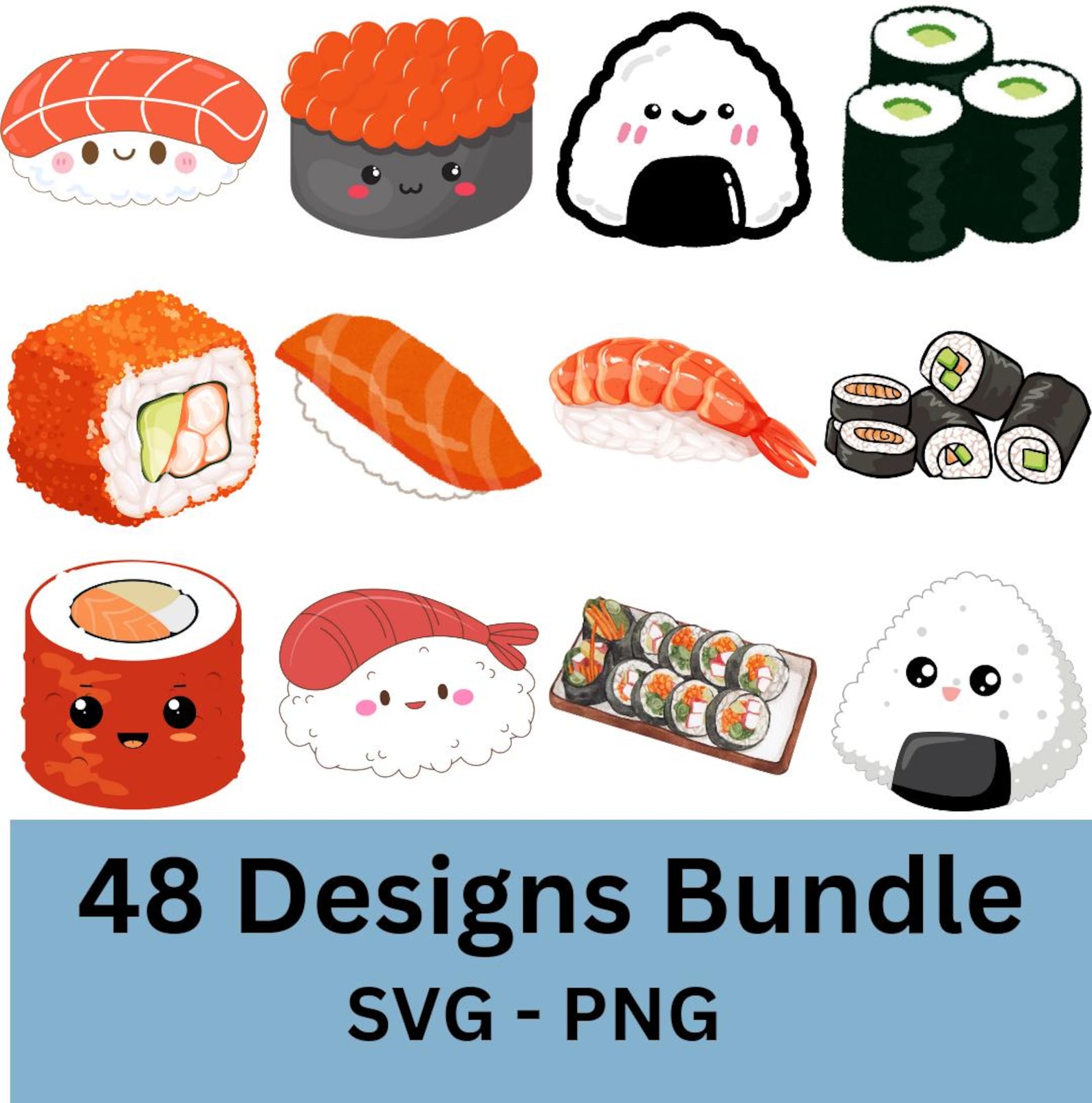Sushi Clipart Bundle, Kawaii Sushi SVG Bundle, Cute Japanese Food PNG, Sushi Roll Images, Sushi ...