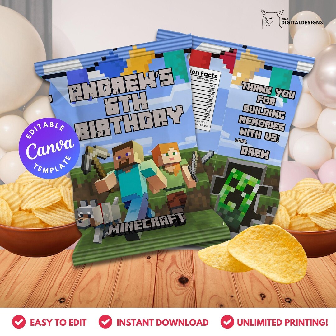 Editable Minecrafter Chip Bag Printable, Minecrafter Birthday ...