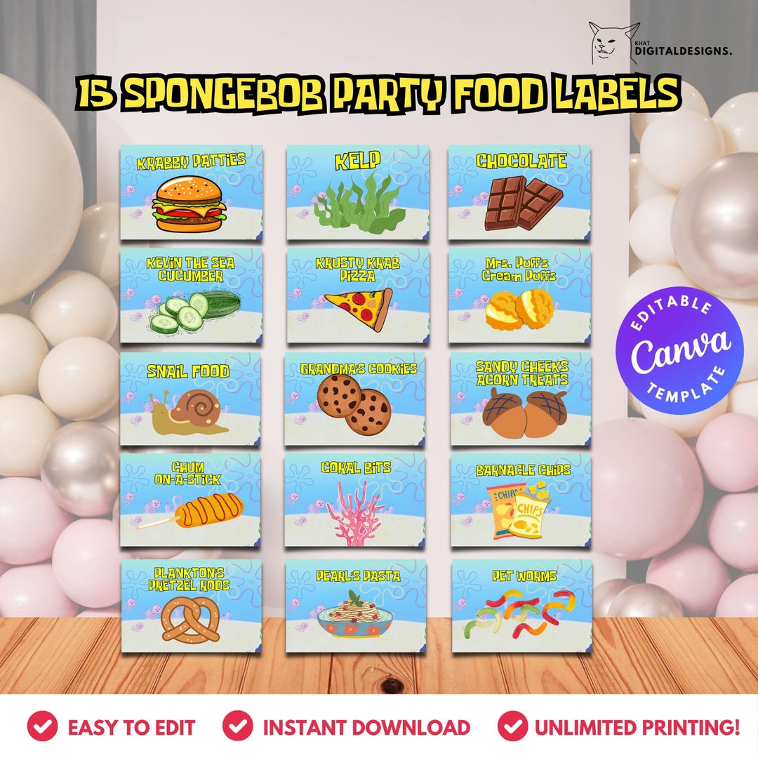 15 Editable Sponge Food Tent Labels | Sponge Birthday Party Decor ...