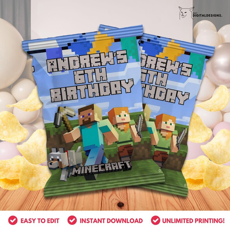 Editable Minecrafter Chip Bag Printable, Minecrafter Birthday ...