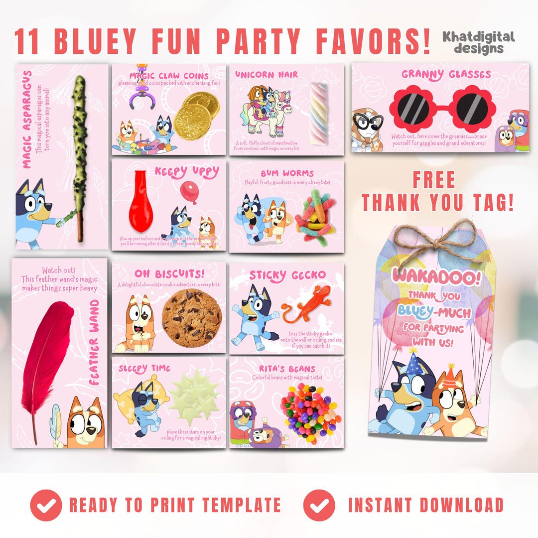 11 Pink Bluey Party Favors, Birthday Party Treat Bundles, Blue Dog ...