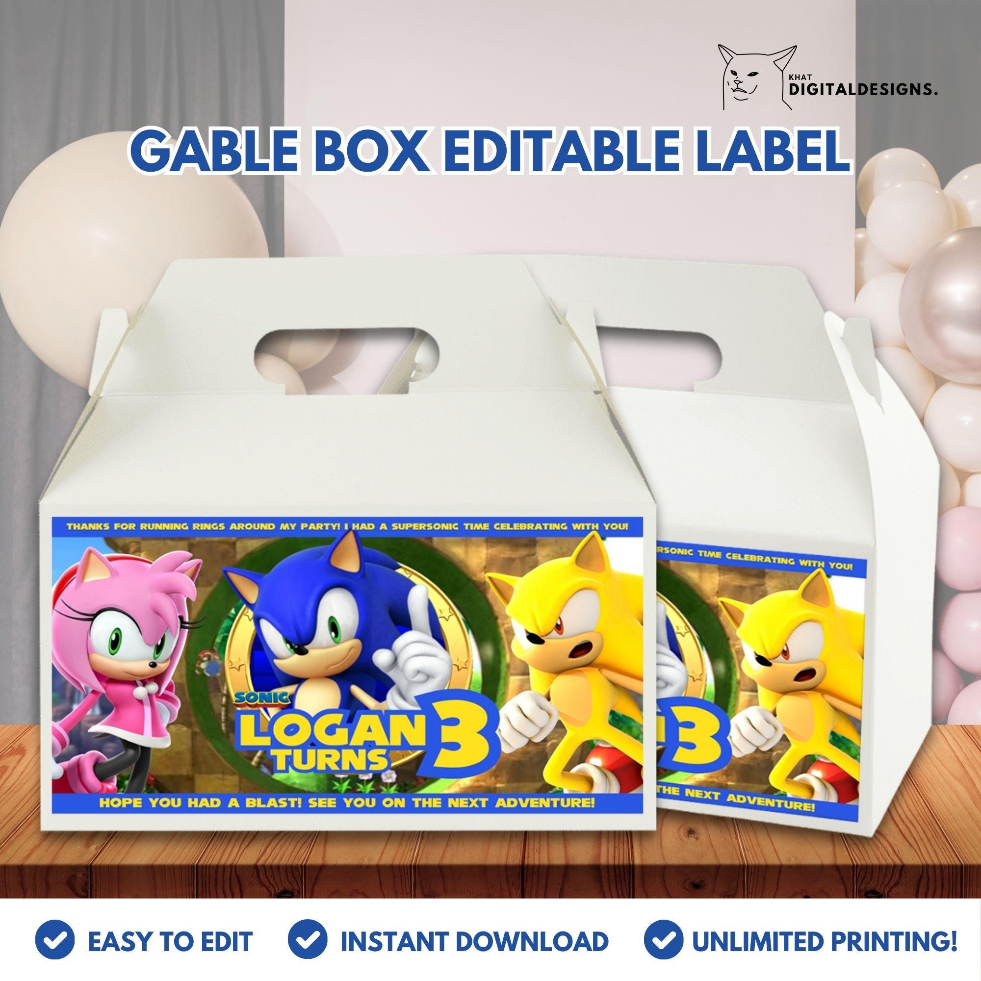 Sonic 3 Gable Box Label, Hedgehog Party Label, Sonic Party Treat Box ...