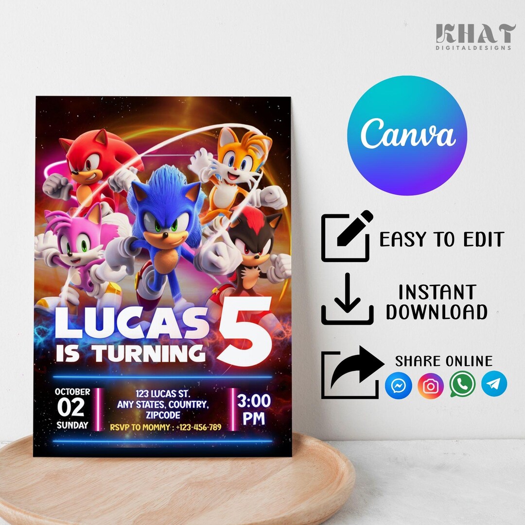 Sonic 3 Birthday Invitation | Hedgehog Boys Party Invite, Super Sonic ...