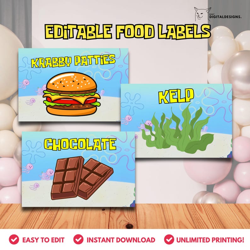 15 Editable Sponge Food Tent Labels | Sponge Birthday Party Decor ...