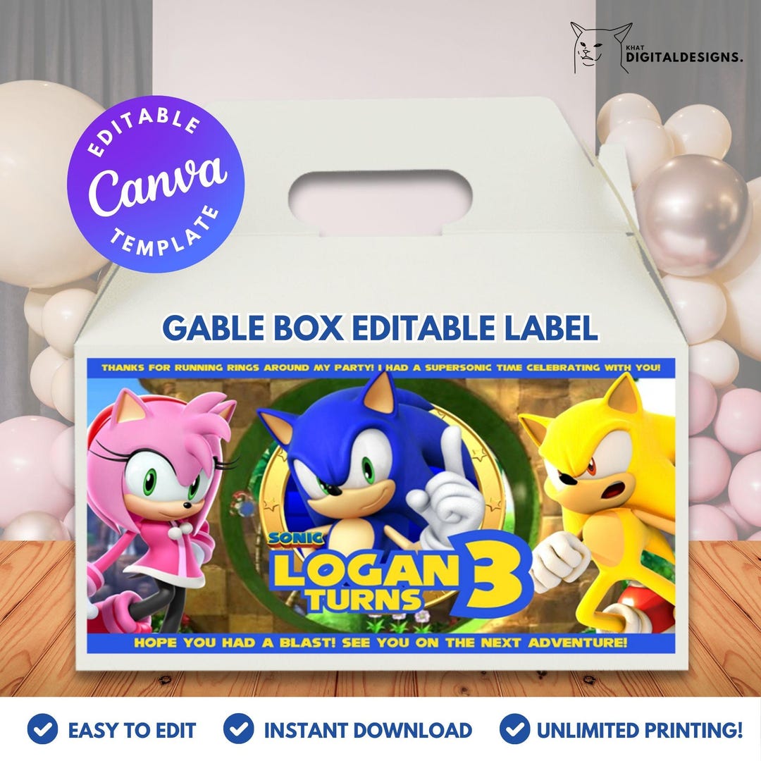 Sonic 3 Gable Box Label, Hedgehog Party Label, Sonic Party Treat Box ...
