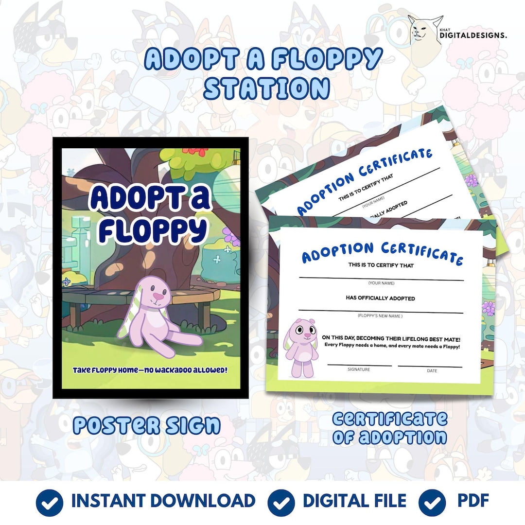 Bluey Adopt a Floppy Sign and Certificate | Blue Dog Birthday Party ...