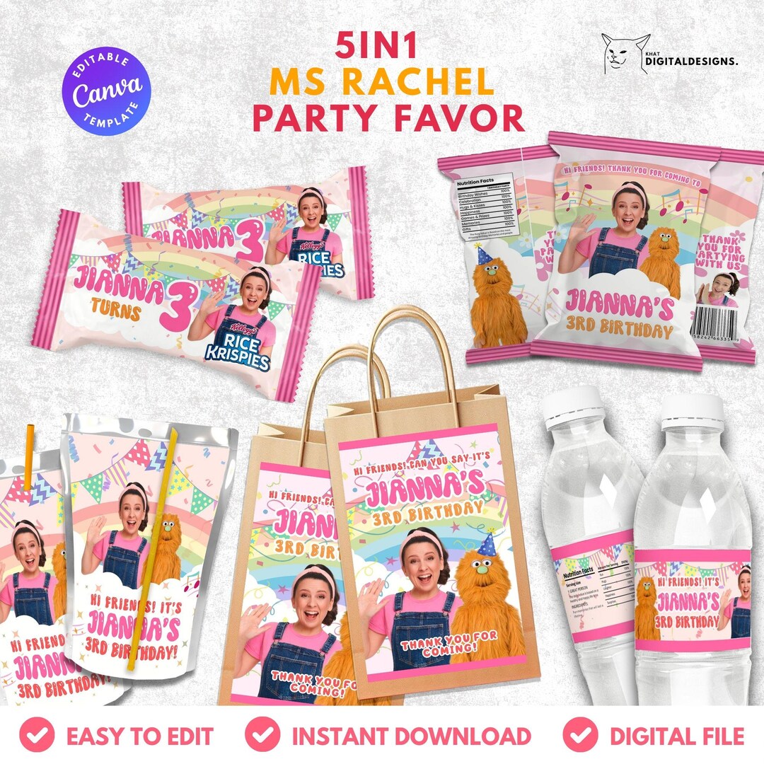 5in1 Editable Ms Rachel Party Favor Bundle, Ms Rachel Chip Bags, Ms ...