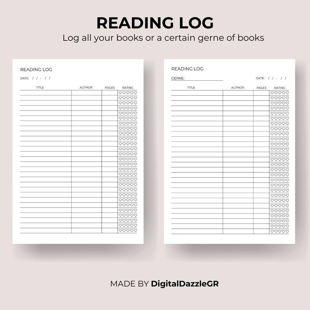 Reading Log Printable and Digital | Book Log | Book Lover's Agenda ...