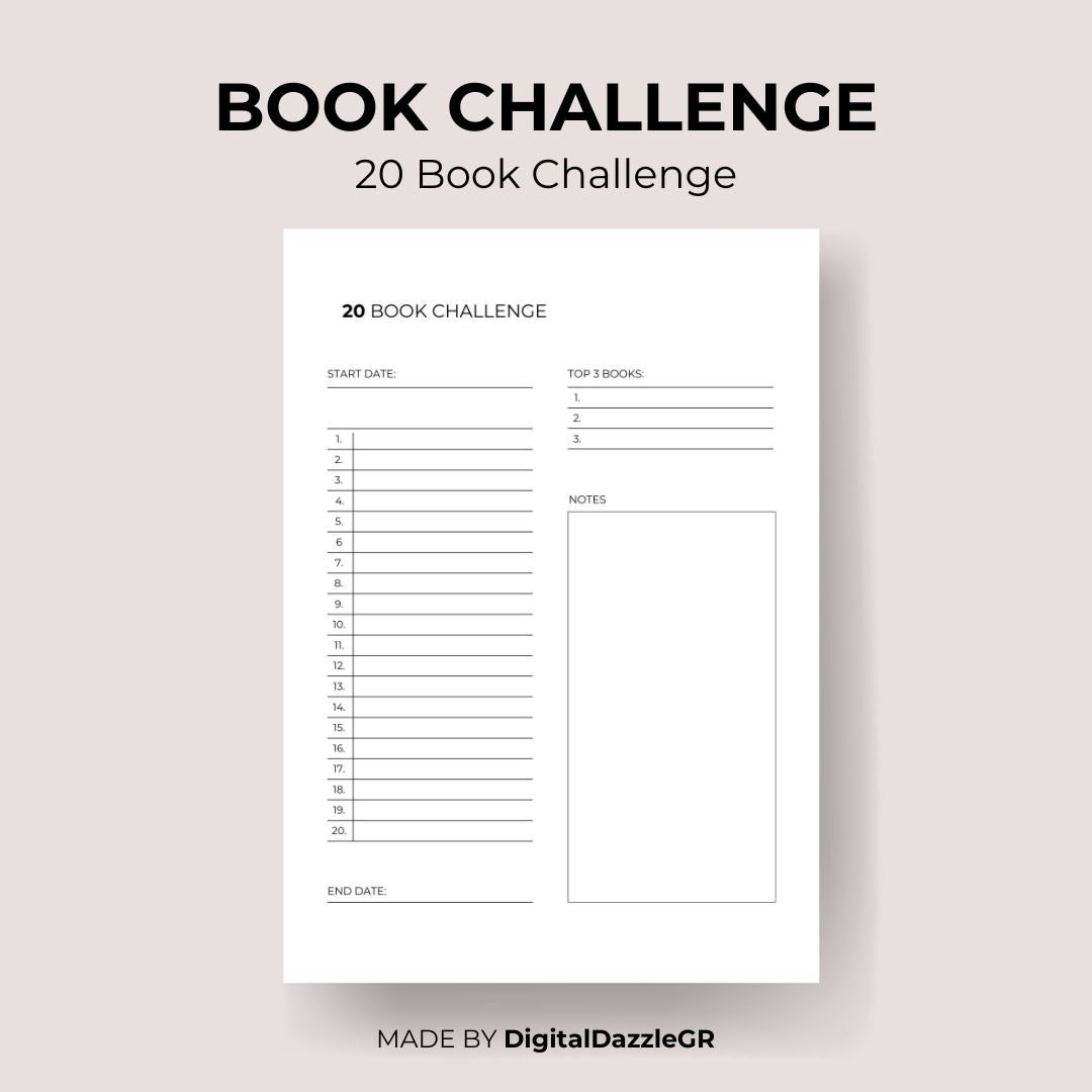 20 Book Challenge | Printable and Digital | 2 Sizes A4 and US Letter ...