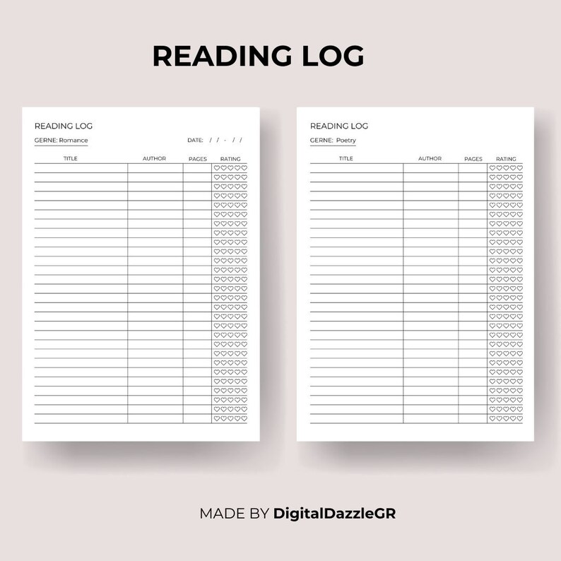 Reading Log Printable and Digital Book Log Book Lover's Agenda Title ...