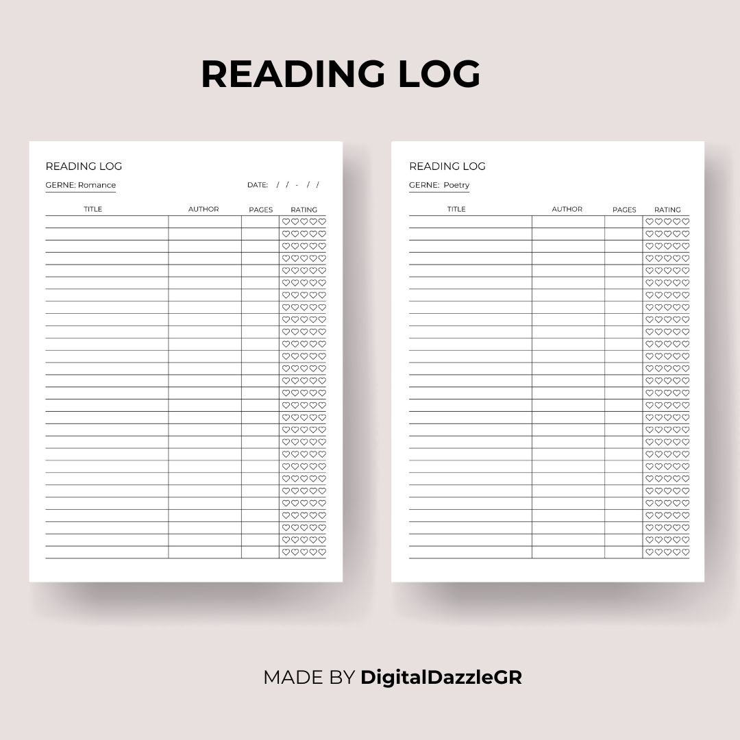 Reading Log Printable and Digital | Book Log | Book Lover's Agenda ...