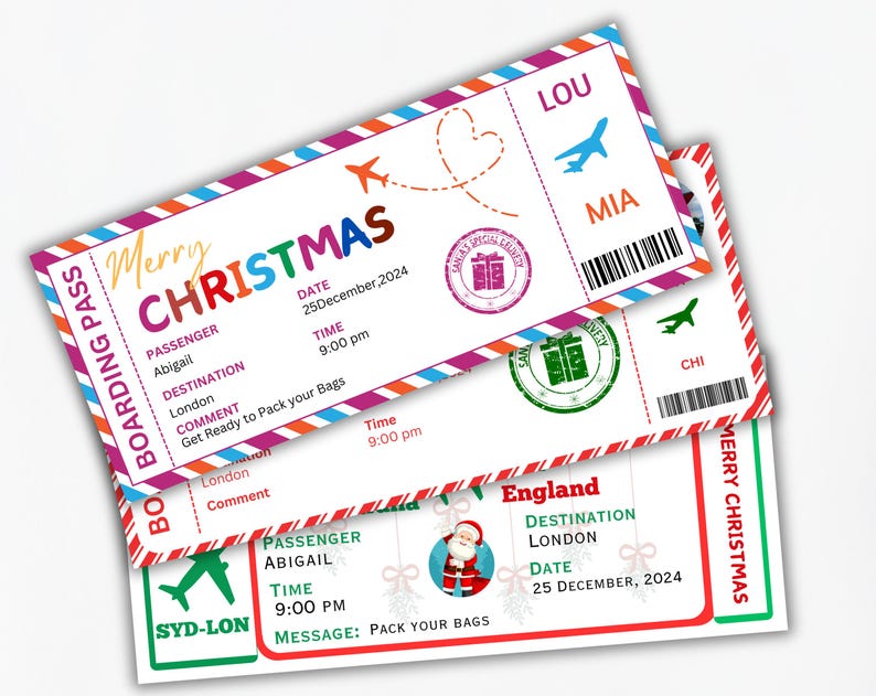 Christmas Boarding Pass Template Editable Boarding Pass Surprise Vacation Ticket Xmas