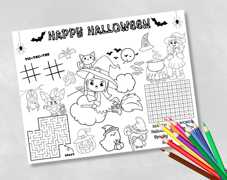 Halloween Coloring Placemat Page, Kids Halloween Activity, Halloween ...