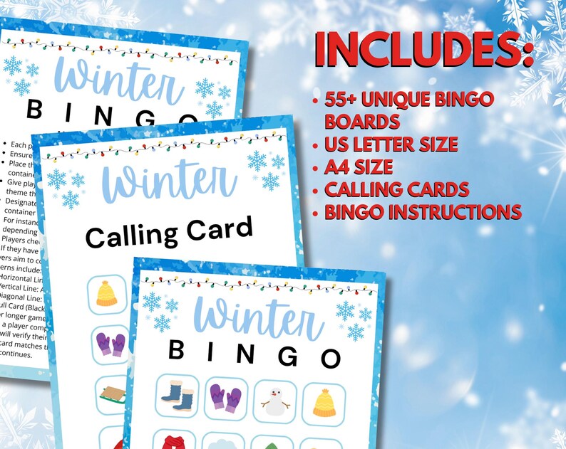 55 + Winter Bingo Game, Winter Bingo Cards, Winter Holiday Classroom ...