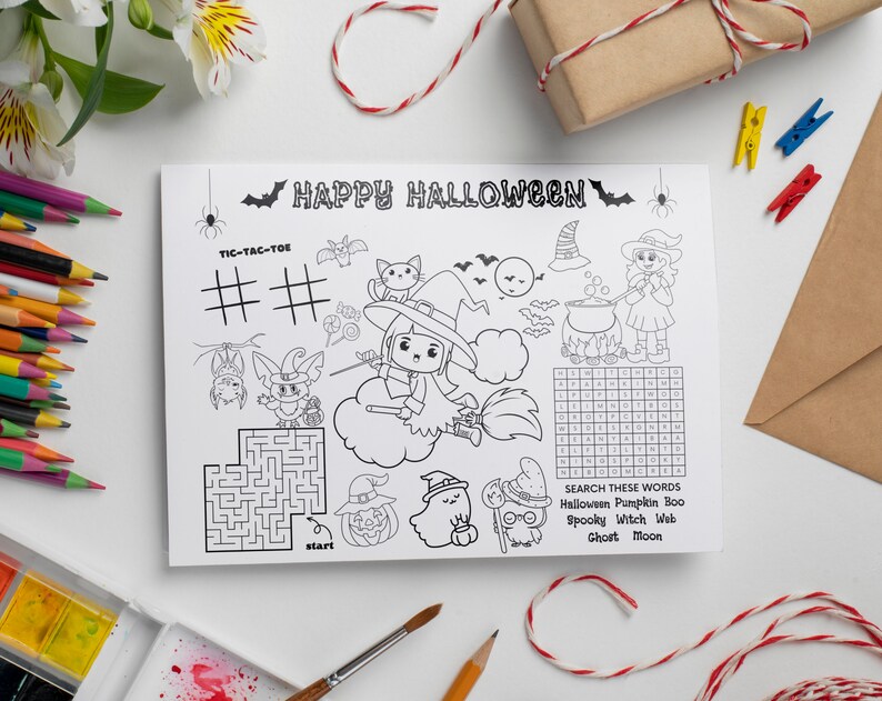 Halloween Coloring Placemat Page, Kids Halloween Activity, Halloween ...