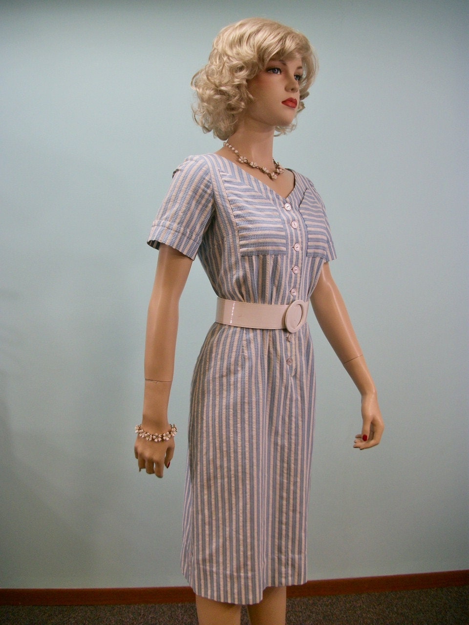 Vintage 50s Dress . Blue Seersucker Dress With Unusual Pockets - Etsy