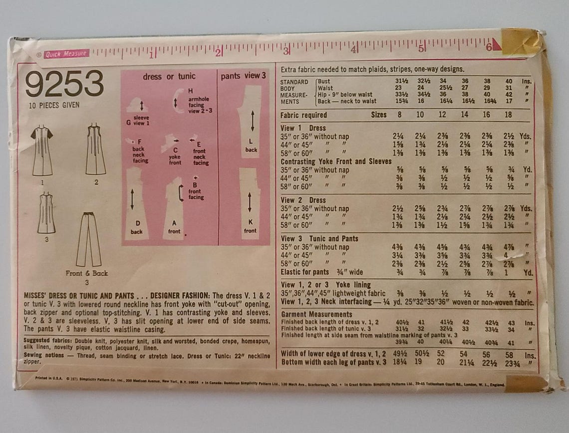 Vintage 1971 Simplicity Sewing Pattern 9253 . Designer Fashion Dress ...