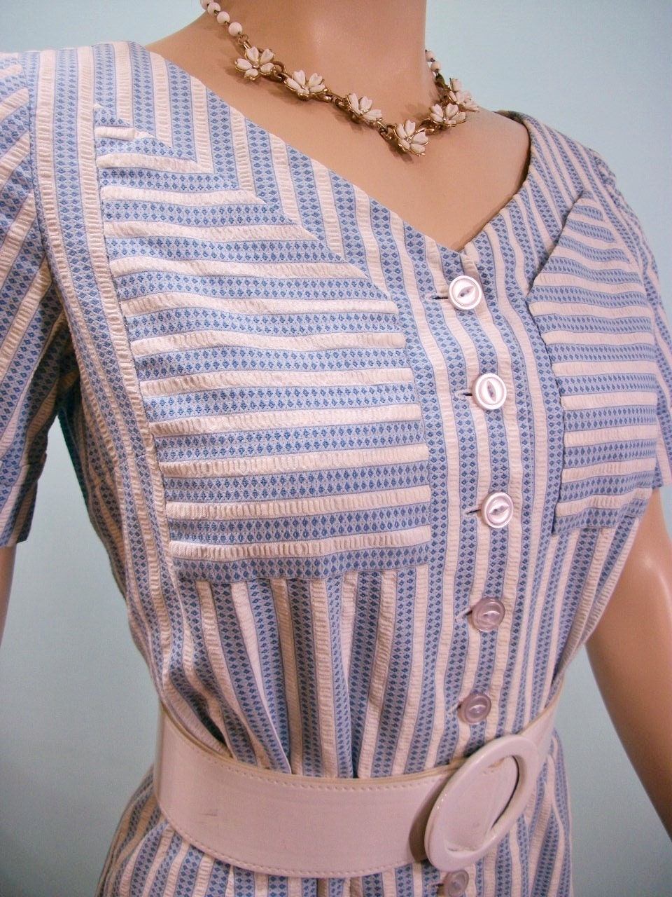 Vintage 50s Dress . Blue Seersucker Dress With Unusual Pockets - Etsy